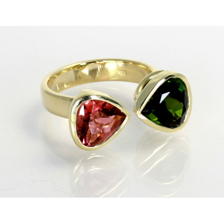 Turmalin-Ring rosa und grüner Turmalin in 585er Gelbgold Gr. 55 Gol...